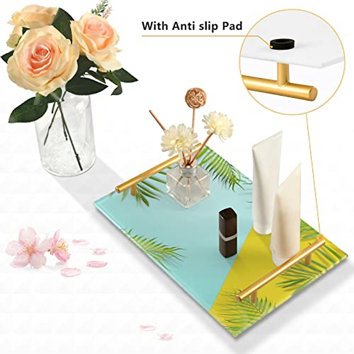 Dallonan Acrylic Bathroom Tray, Rectangular Palm Leaves Yellow Frame Decorative Trays with Gold Handles for Kitchen Food Living Room Dresser Comestic Office Organizer (7.87*11.81in)