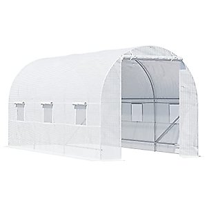 Outsunny 15' x 7' x 7' Walk-in Tunnel Greenhouse Garden Plant Growing House with Door and Ventilation Window, White