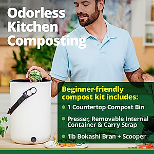 TeraGanix Bokashi Compost Bin + 1 Lb Bokashi Bran, Kitchen Countertop Composter, All Season Indoor Composting, Easily Drain Liquids, Odor Free, Airtight Lid, 2.5 Gallon, Cappuccino