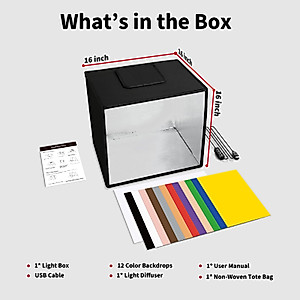 Glendan Light Box Photography, 16"x16" Portable Photo Light Box with 112 LED Lights & 6 Kinds of Double-Sided Color Backdrops and Adjustable White Light, Soft Light, Warm Light for Product Photography