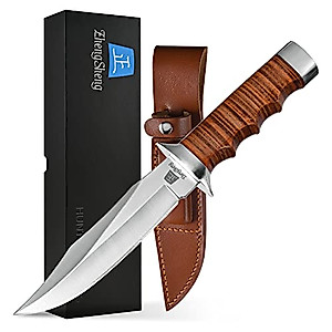 ZhengSheng 5.8 inches Fixed Blade Hunting Knife Genuine Leather Handle Bowie Knife with Leather Sheath Straight Edge Knife for Camping, Hiking, Survival
