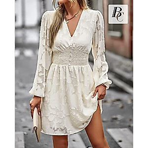 BebreezChic Women Dresses Cocktail with Lining Knee Length Long Sleeve Ladies Elegant Lace Smocked Short Dress 2023 Spring Summer Dresses, Beige XL