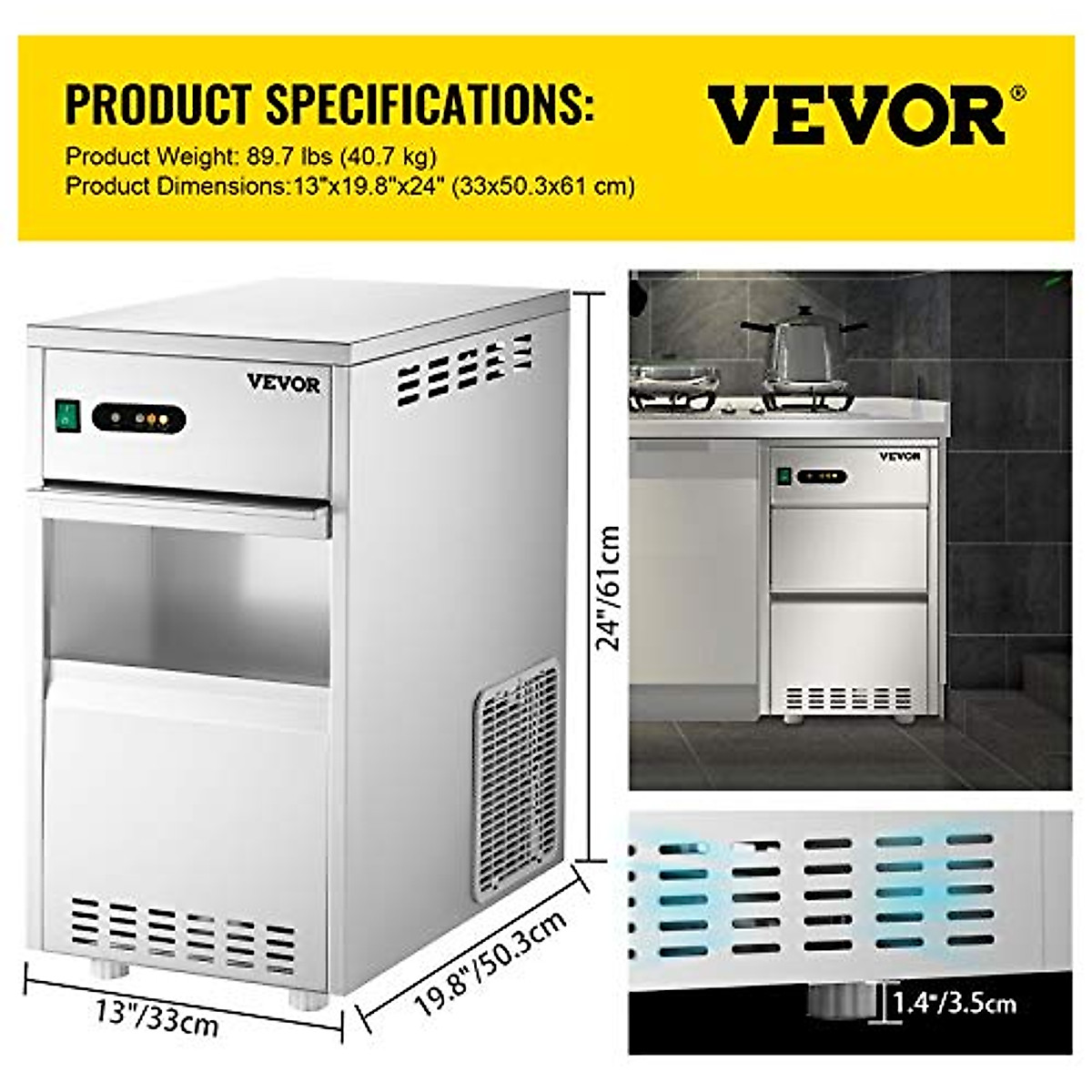 VEVOR Commercial Snowflake Ice Maker, 55LBS/24H ETL Approved Food Grade Stainless Steel Flake Ice Machine Freestanding Commercial Ice Machine for Seafood Restaurant, Scoop Included