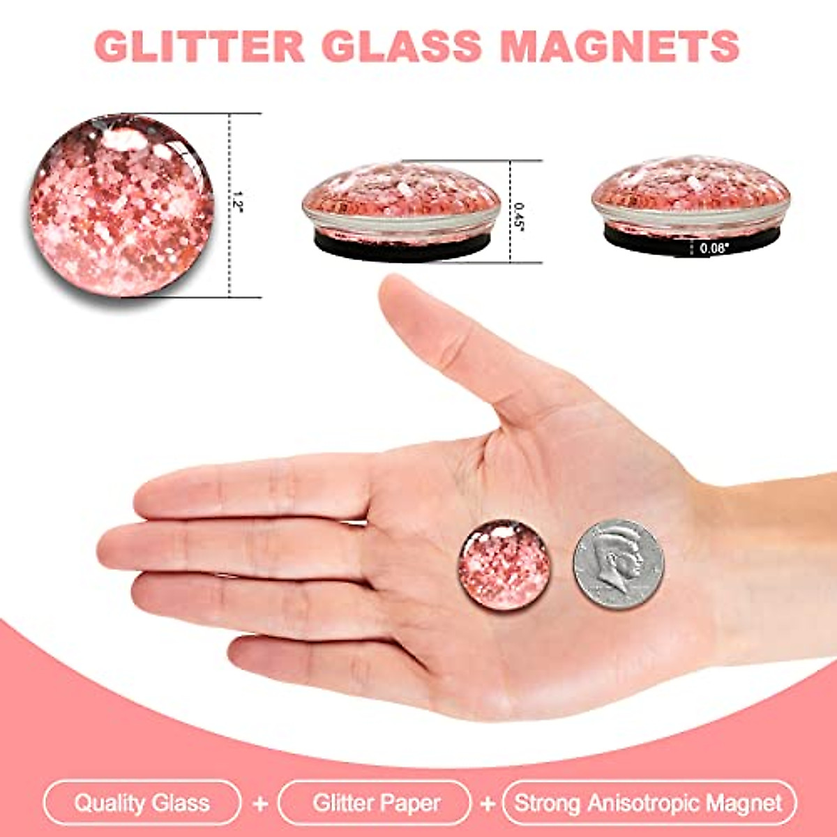 Glitter Pink Glass Refrigerator Magnets for White Board/Locker/Fridge/Cabinet/Dishwasher Home Decorations,Round Small Magnets