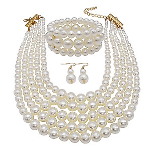 MeliMe Faux Big Pearl Srand Necklaces for Women 5 Layers Pearl Bib Collar Necklace Bracelet and Earrings set 1920s Costume Pearl Jewelry Bridal Wedding gift (white pearl necklace set)