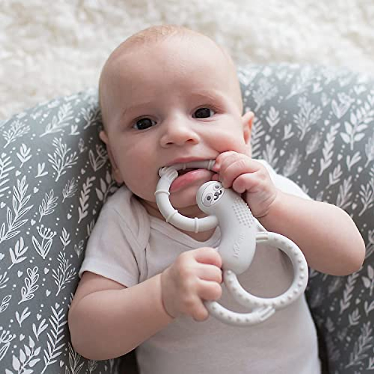 Dr. Brown's HappyPaci 100% Silicone Pacifier, Flexees Beaded Teether Rings, and Lovey Pacifier Holder & Teether Clip, Grey Sloth