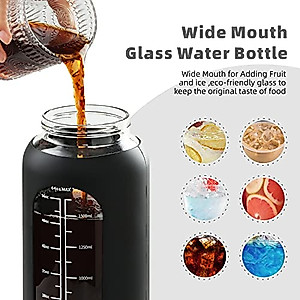 SIEROZUR 74oz Glass Water Bottle Jug with Straw 2.2L Large Half Gallon Motivational Bottle with Handle and Time Marker Wide Mouth Water Canteen with Silicone Sleeve