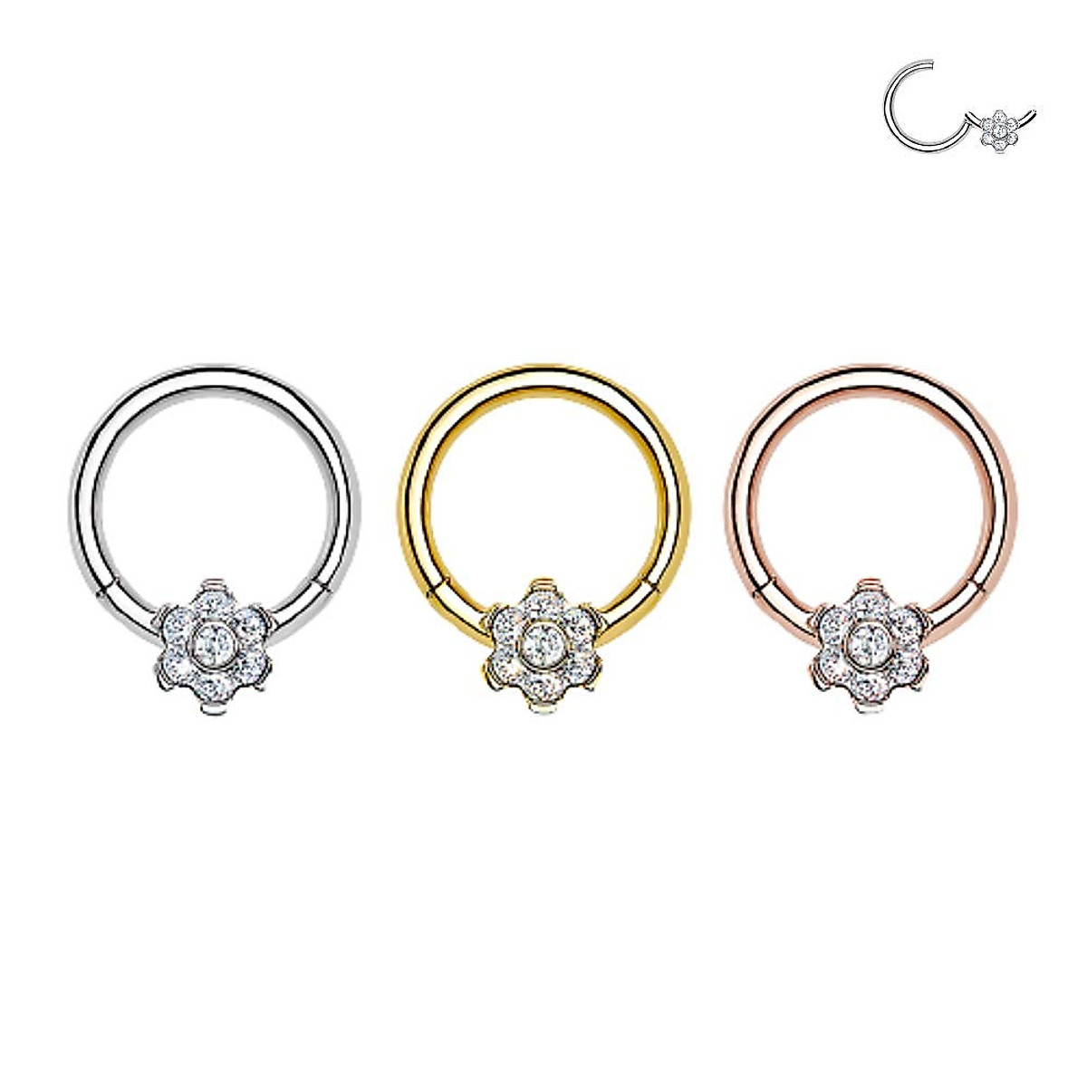Pierced Owl 16-18GA G23 Implant Grade Titanium CZ Crystal Flower Cartilage Helix Daith Septum Nose Hinged Segment Ring (Silver Tone, 16GA / 8mm)