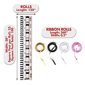 Packanewly Wrapping Paper Roll Set with Cutline on Reverse for All Occasion - Pink Gold White, Black Stripe, Fruit Pineapple Gift Wrap paper Bundle(4 Pack, 100 sq. ft. ttl.) - 30 x 120 Inch Each Roll