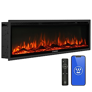 Westinghouse 50 Inch Electric Fireplace Heater, Compatible with Alexa & Google Home, Wall Mount or in-Wall Recessed Fireplace Insert, 24 Hour Timer, Color Changing Flames, 750W/1500W Indoor Heater