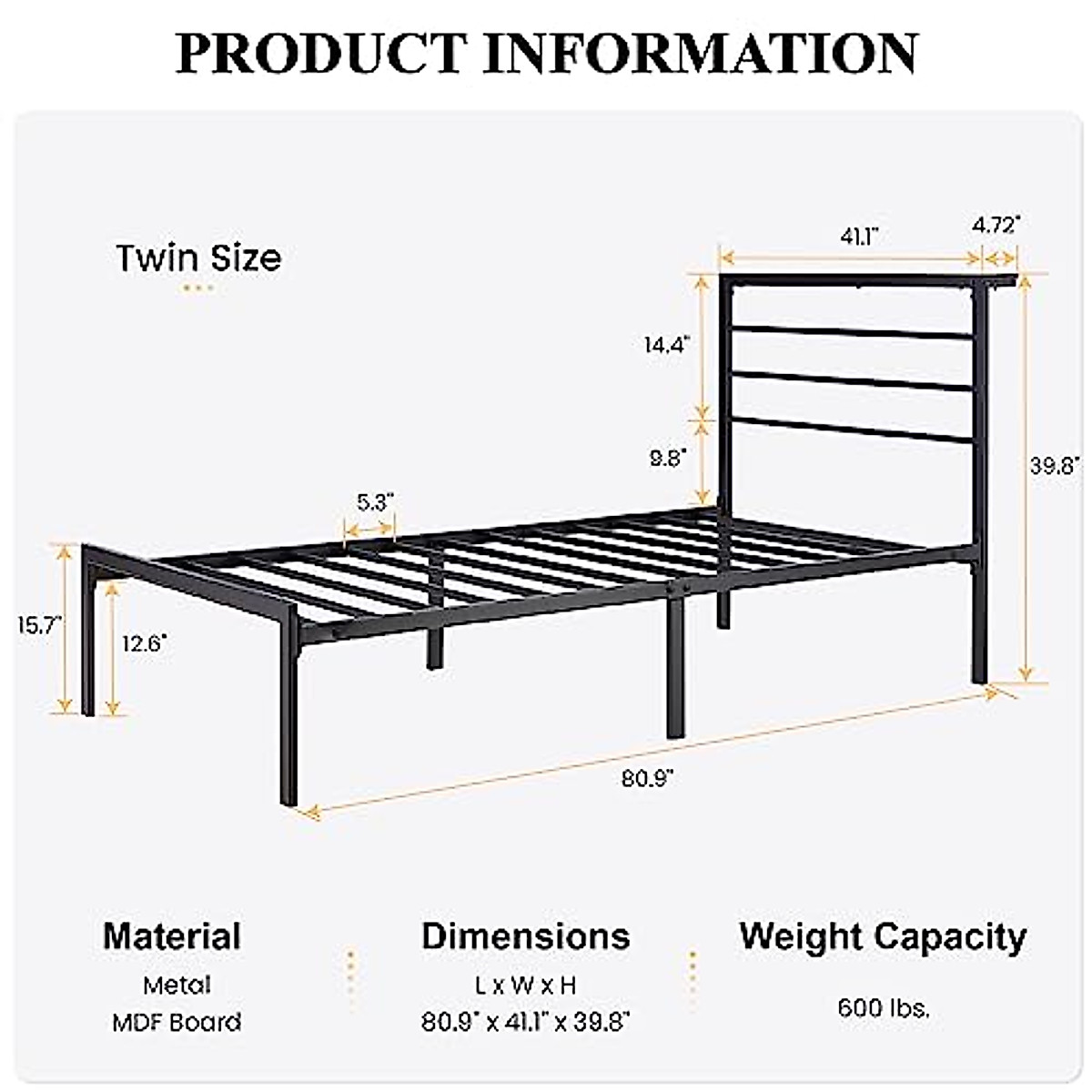 SHA CERLIN Twin Size Bed Frame with Headboard Shelf, Heavy Duty Platform Bed Frame with Strong Metal Foundation, No Box Spring Needed, Black