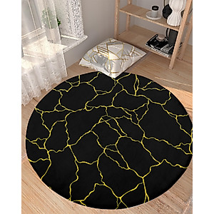 Black Gold Fluffy Round Area Rug Carpets 4ft, Plush Shaggy Carpet Soft Circular Rugs, Non-Slip Fuzzy Accent Floor Mat for Living Room Bedroom Nursery Home Decor Modern Geometric Abstract Art