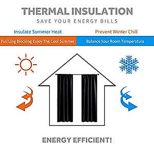 RYB HOME Bedroom Blackout Curtains - Black Curtains Solar Light Block Insulated Drapes Energy Saving for Bedroom Dining Living Room, 42 x 45 inches Long, Black, Set of 2