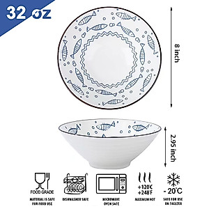 QINLANG 32 oz Japanese Ramen Bowls Set of 6, Pho Bowls, 8 Inches Blue and White Ceramic Soup Bowls, Fish Pattern