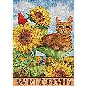Furiaz Cat Cardinal Sunflower Welcome Spring Decorative Small Garden Flag, Summer Yard Orange Kitty Tabby Red Bird Outside Decoration, Fall Autumn Outdoor Burlap Decor Double Sided 12 x 18
