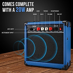 LyxPro 39 inch Electric Guitar Kit Bundle with 20w Amplifier, All Accessories, Digital Clip On Tuner, Six Strings, Two Picks, Tremolo Bar, Shoulder Strap, Case Bag Starter kit Full Size - Blue