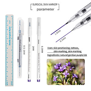 LabAider 6Pcs Professional Surgical Tip Skin Marker Pen Sterile Tattoo Stencil Markers Pen with Paper Ruler for Eyebrow, Lips - Individually Wrapped (0.5MM&1MM)