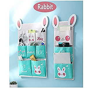 KINGREE 2PCS Wall Closet Hanging Storage Bag with Hooks Premium Linen Fabric Over The Door Organizer, Hanging Storage Pouches with 3 Pockets and 7 Pockets for Bedroom Bathroom (Rabbit)