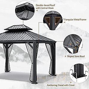 Tangkula 12ft x 10ft Hardtop Gazebo, 2-Tier Outdoor Gazebo w/Double Vented Roof & Central Hook, Galvanized Steel Frame Patio Sun Shelter for Lawn Backyard Poolside Deck (Grey)