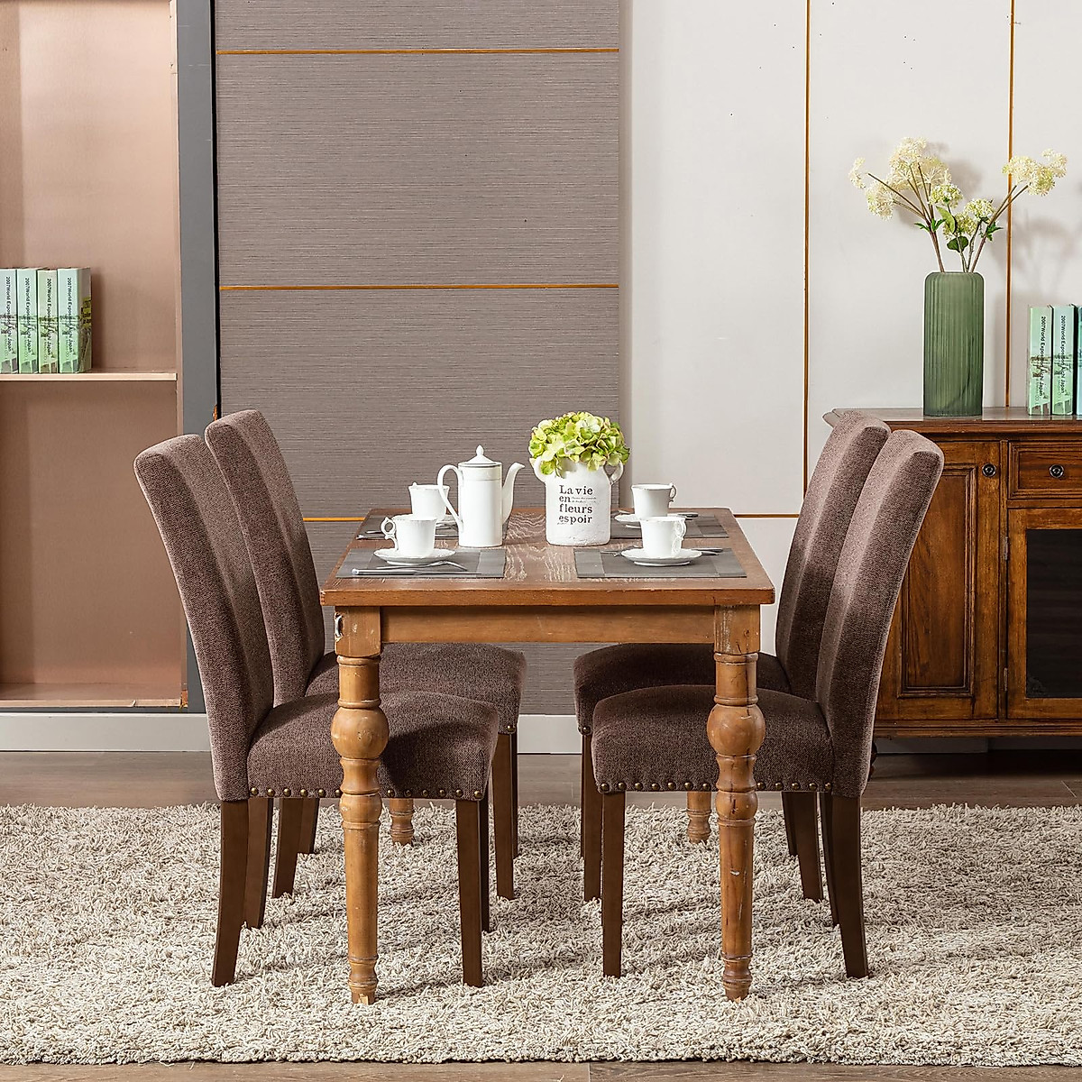 COLAMY Upholstered Parsons Dining Chairs Set of 4, Fabric Dining Room Kitchen Side Chair with Nailhead Trim and Wood Legs - Brown