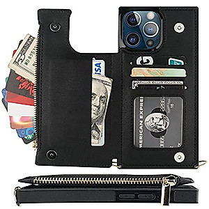 Bocasal Crossbody Wallet Case for iPhone 13 Pro Max with RFID Blocking Card Slot Holder, Magnetic Flip Folio Purse Case, PU Leather Zipper Handbag with Detachable Lanyard Strap 6.7 Inch 5G (Black)