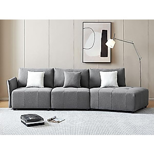 Eafurn 120" Teddy Fleece Curved Chaise Lounge,Free Combination Modular Sectional Set,3 Seater Button Tufted Comfy Sofa & Couches for Living Room Bedroom Apartment with 3 Pillows, Gray