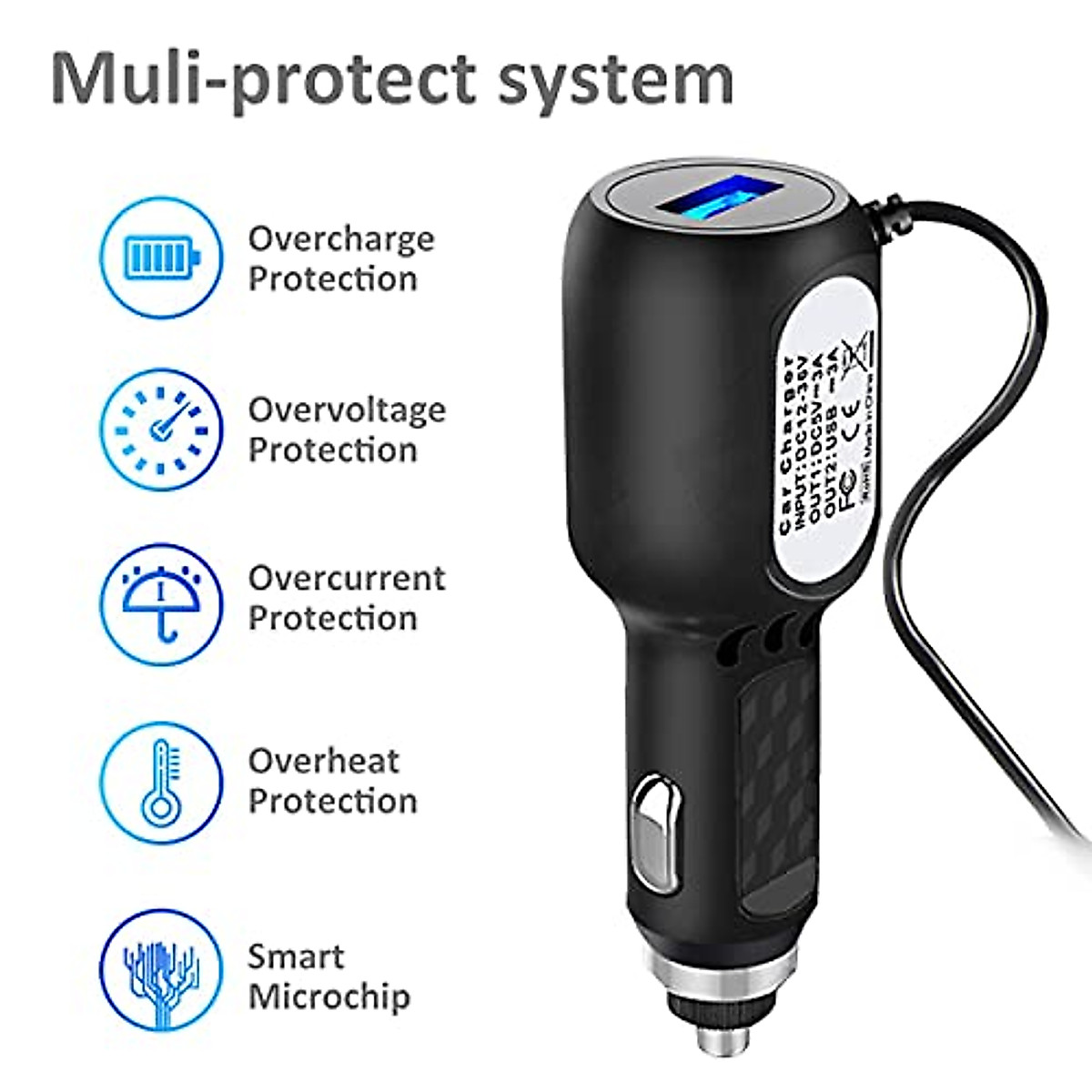 Universal Mini-Port Dash Cam Power Lead PATILWON 11.5Ft Cigarette Charger Cable 12V for GPS Navigation/Sat Nav/DVR/Digital Camera