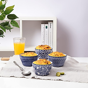 Selamica Ceramic 8oz Bouillon Cups 4 Inch Small Bowls, Dessert bowls for Soup Dipping Sauce Coffee Cupping, Microwave Dishwasher Safe, Set of 6, Vintage Blue