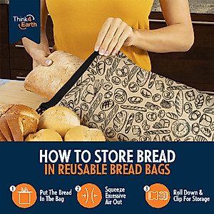 THINK4EARTH - 2 Packs Bread Bags, Bread Bags for Homemade Bread Loaf, Freezer Bread Storage Bag, Bread Container, Reusable Food Storage Bag, Large Bread Bags for Homemade Bread with Double Lining.