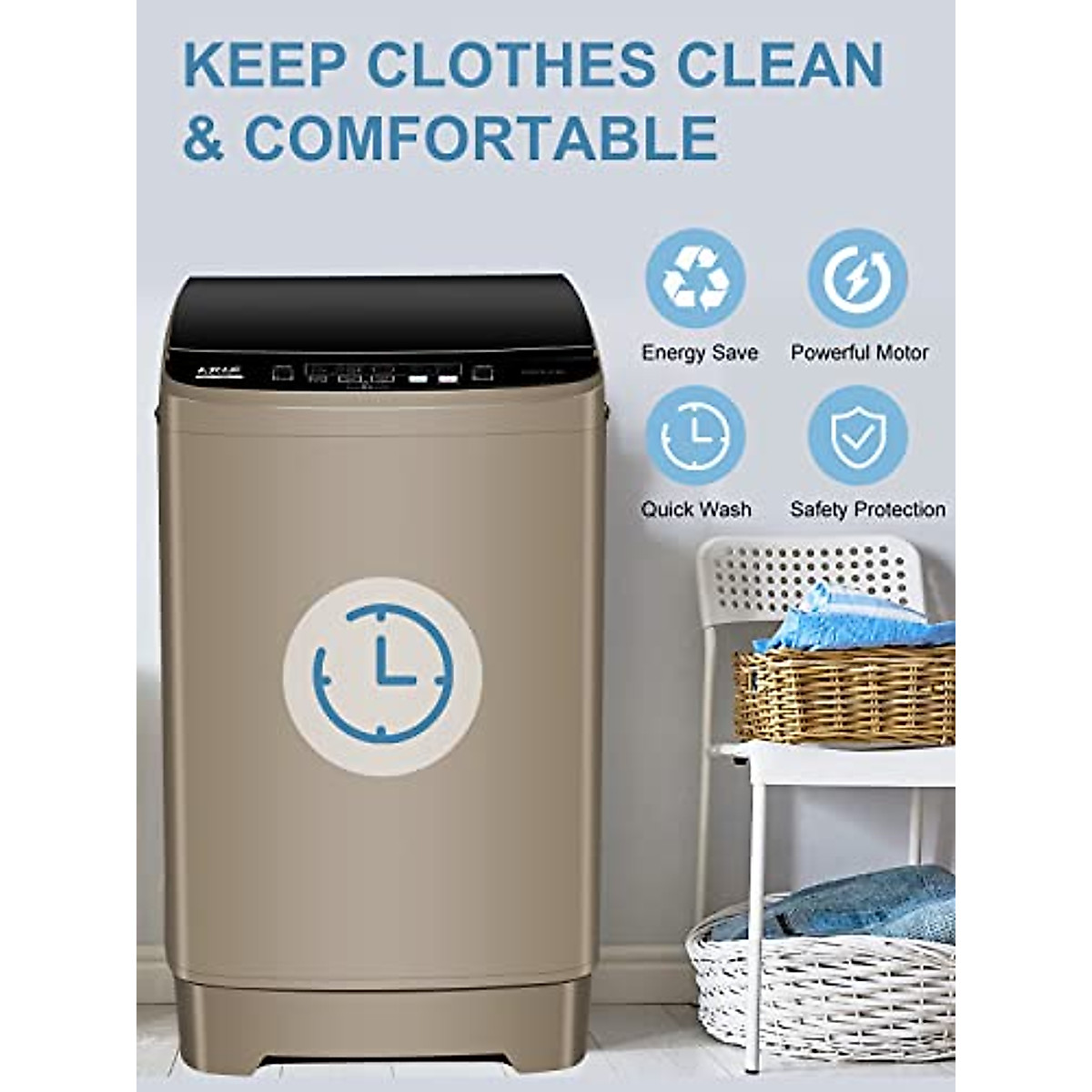 KRIB BLING Full-Automatic Washing Machine 17.7 lbs Small Compact Portable 10 Wash Program & 8 Water Level Compact Washer with LED Display Ideal for Apartments, RV, Camping, Gold