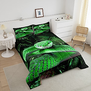 Snake Comforter Set Twin, Green Snake Duvet Insert, 3D Reptile Bedding Comforters, Green Scales Wild Animal Quilt Set Rainforest Palm Leaf Stylish Quilted Duvet For Kids Boys Teens Man Bedroom Decor