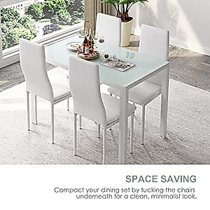 BAHOM 5 Piece Kitchen Dining Table Set for 4, Glass Dining Table and 4 Chairs PU Leather for Breakfast (White)