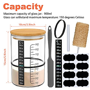 Sourdough Starter Jar Kit, 30.4oz Sourdough Bread Starter Container, Clear Glass Sourdough Starter Cup, Wide Mouth w/Wooden Lid Thermometer Strip Spatula Rubber Band Loofah Lable Pen for Bread Baking