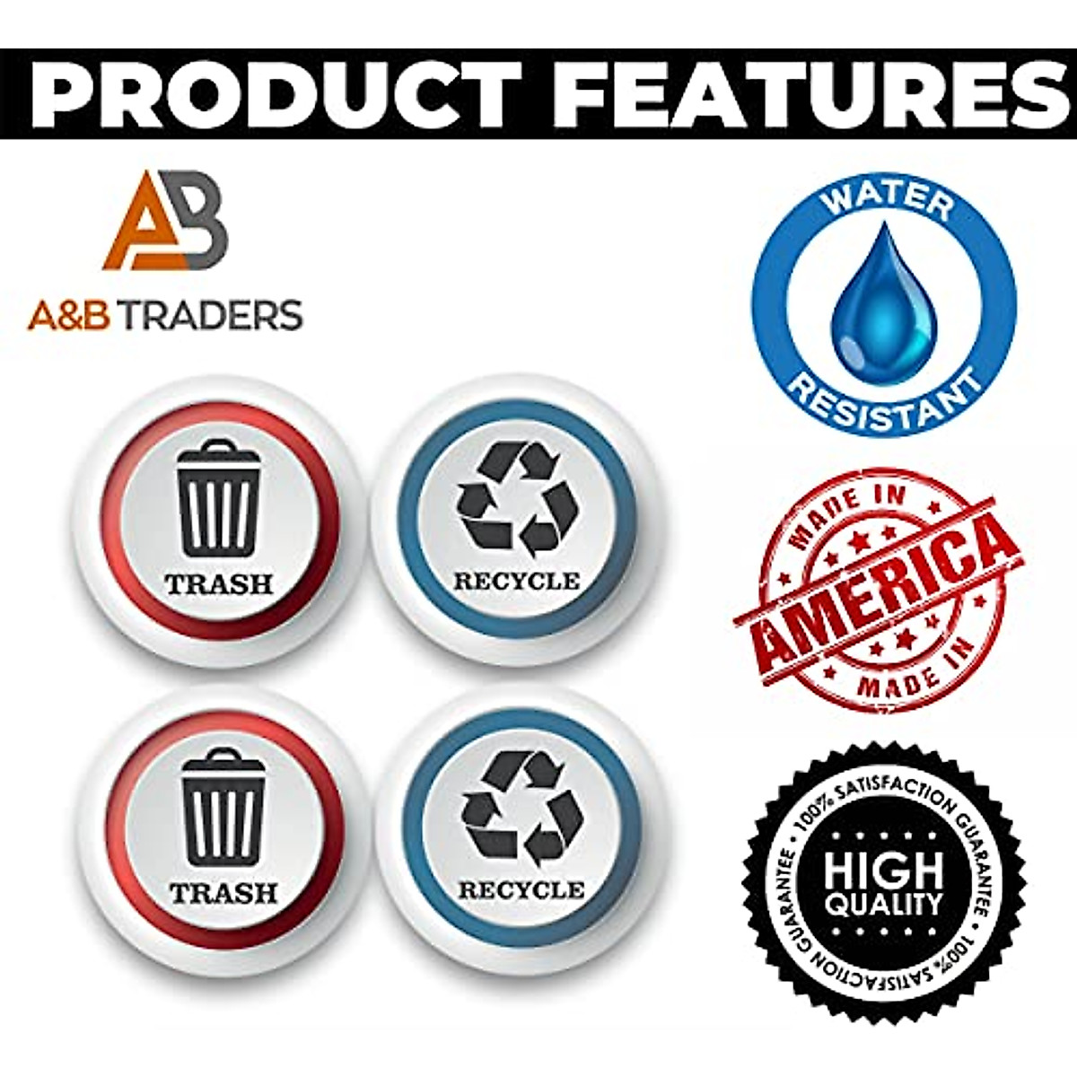 A&B Traders Recycle And Trash Stickers - Outdoor Vinyl Recycling And Trash Logo Sticker Pack Of 4, Round Sticker For Trash Can Kitchen Bins, Waterproof Outdoor Recycling Decals