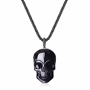 COAI Stainless Steel Chain Skull Black Obsidian Crystal Necklace 20"