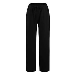 Long Linen Pants for Women Tall, Wide Leg Pants for Women Summer High Waisted Boho Cotton Linen Palazzo Pants Casual Flowy Lounge Trousers with Pockets Black XL