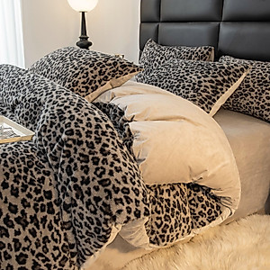 AETVRNI Luxury Leopard Print Faux Fur Duvet Cover Set 4 Pieces Shaggy Fluffy Duvet Cover Set Ultra Soft Crystal Velvet Duvet Cover Wild Style,Black,Queen