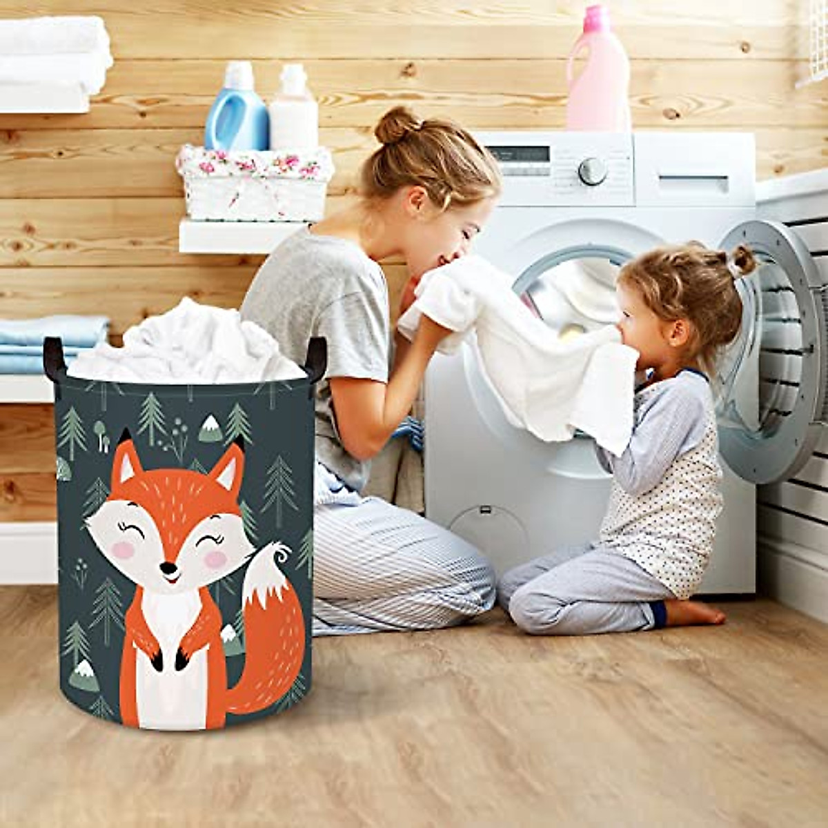 Clastyle 45L Smile Foxes Kids Laundry Baskets for Bedroom Collapsible Waterproof Tree Laundry Hamper with Drawstring for Toys, 14.2 * 17.7 in