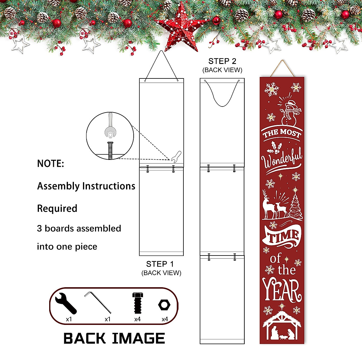 Lighted Wooden Welcome Sign, Merry Christmas Snowflake Elk Porch Sign for Front Door Decorations, Rustic Farmhouse Red Xmas Hanging Signs Wall Sign for Christmas Happy New Year Decor 47.2"H