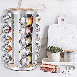 Spice Rack Organizer with Jars for Cabinet (20Pcs) Revolving/Rotating Seasoning Organizer, Stainless Steel/Wooden Countertop Rack Tower Organizer for Kitchen Pantry with Reusable Labels/Funnel/Brushes