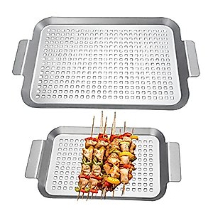 Grill Basket Set of 2 - Nonstick Grilling Tray Durable Grill Pans with Holes for Outdoor Grill Small and Big Topper Baskets BBQ accessories for Vegetable, Fish, Meat, Seafood 11"x7" & 14"x10"