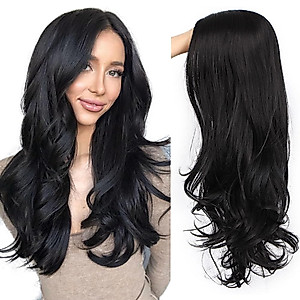 AISI QUEENS Black Wavy Wigs for Women Long Curly Wig Synthetic Party Wigs Middle Part Full Wigs Natural Looking 20 Inch