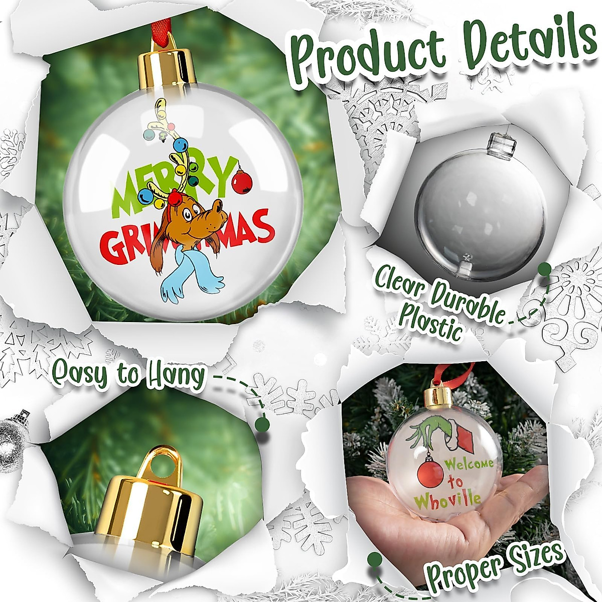 Christmas Ball Ornaments Hanging Decorations - 10pcs Acrylic Clear Christmas Ornaments Balls with Green Gnome Cards for Tree Christmas Crafts Party Decorations