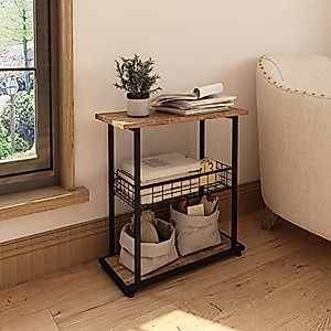 PROXRACER Side Table, 3-Tier End Table, Narrow Sofa Table Bedside Table, Small Nightstand with Storage Shelf for Living Room, Study, Bedroom, Rustic Brown