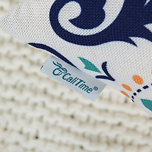 CaliTime Canvas Throw Pillow Cover Case for Couch Sofa Home Decoration Three-Tone Dahlia Floral Compass Geometric 20 X 20 Inches Navy/Teal/Orange