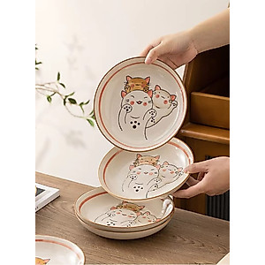 LAKistagu White Pasta Serving Bowls 24 Ounce,White Ceramic Cute Japanese Salad Dinner Bowl Plates.8 Inch Porcelain Pasta Shallow Bowl Deep Plate.(Round Cat)