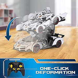 FDJ Remote Control Car - Transform Car Robot, One Button Deformation to Robot with Flashing Lights, 2.4Ghz 1:18 Scale Transforming Police Car Toy with 360 Degree Rotating Drifting for Boys and Girls