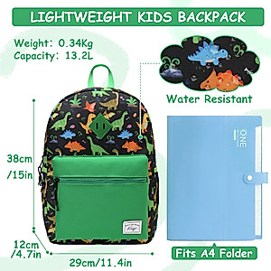 Kids Backpack, Kasqo Water Resistant Lightweight Preschool Toddler Bookbag with Chest Strap for Boys and Girls, Black Dinosaur
