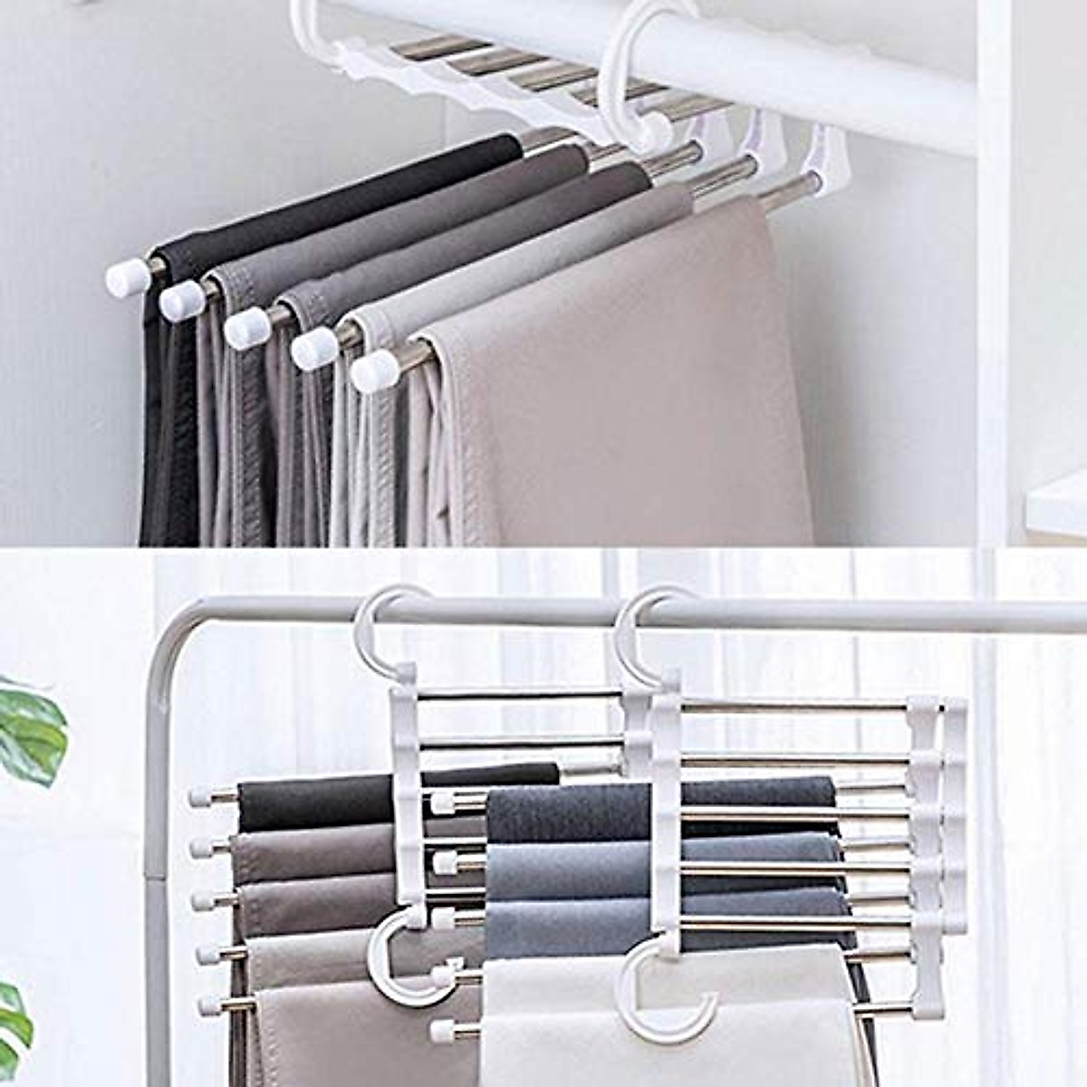 Steel Multifunction Retractable Pants Rack Trouser Hanger Multi-Layer Five Pants Rack one Hanging in Storage