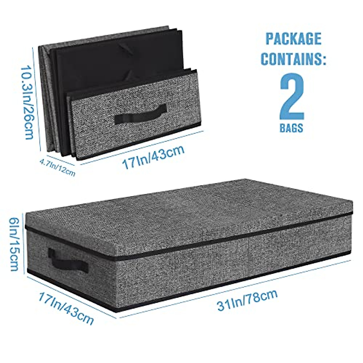 homyfort Under Bed Storage Containers Bins with Lids, Foldable Stackable Underbed Storage Boxes Organizer with 2 stury handles for Clothing, Blankets, Sweaters,sheets, Black, set of 2